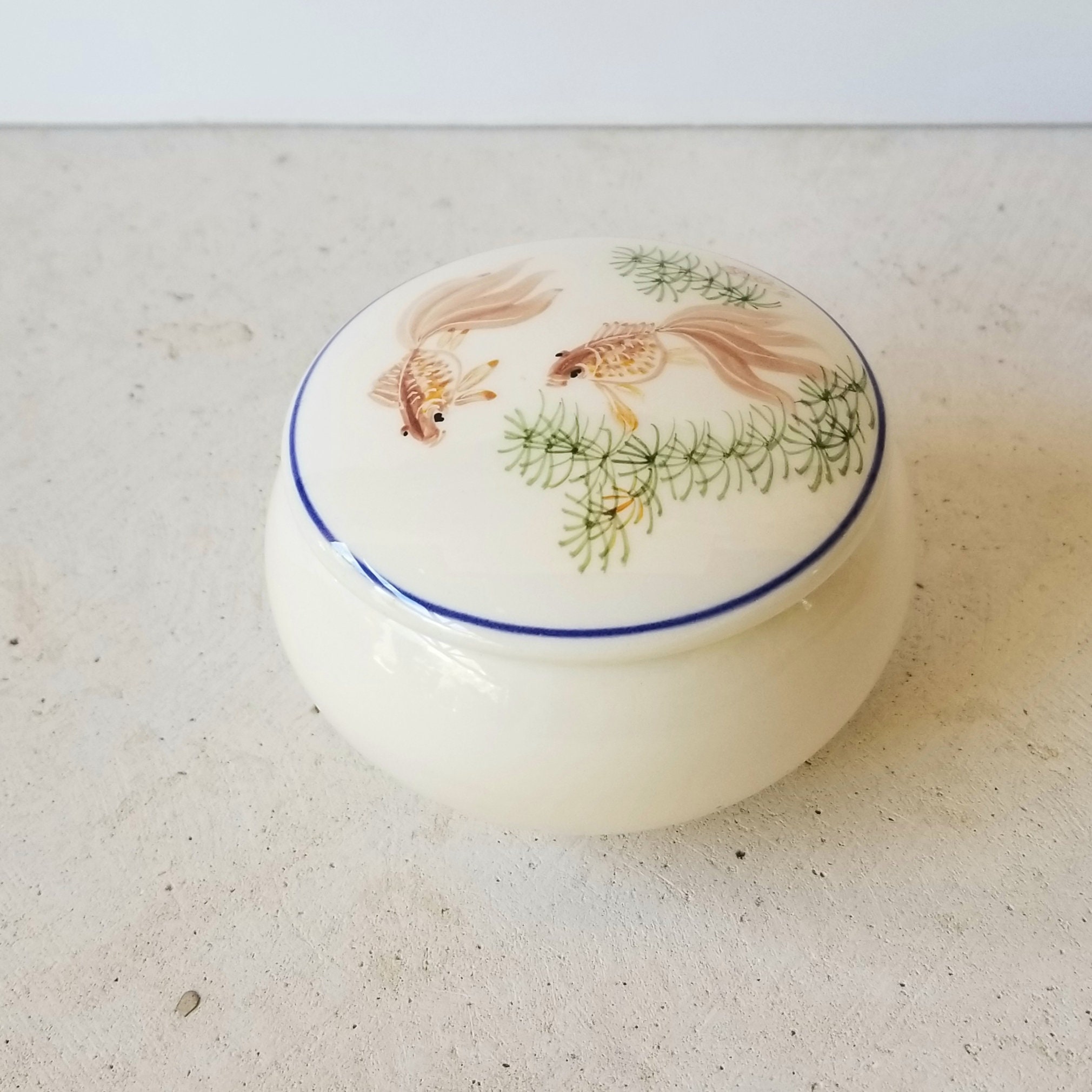 Koi Fish Porcelain Lidded Dresser Box, Modern Design Trinket Box, Cream ...