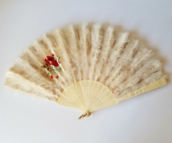Rare Hand Fan, Embroidered Feather Fan w/ Leather and… - Gem