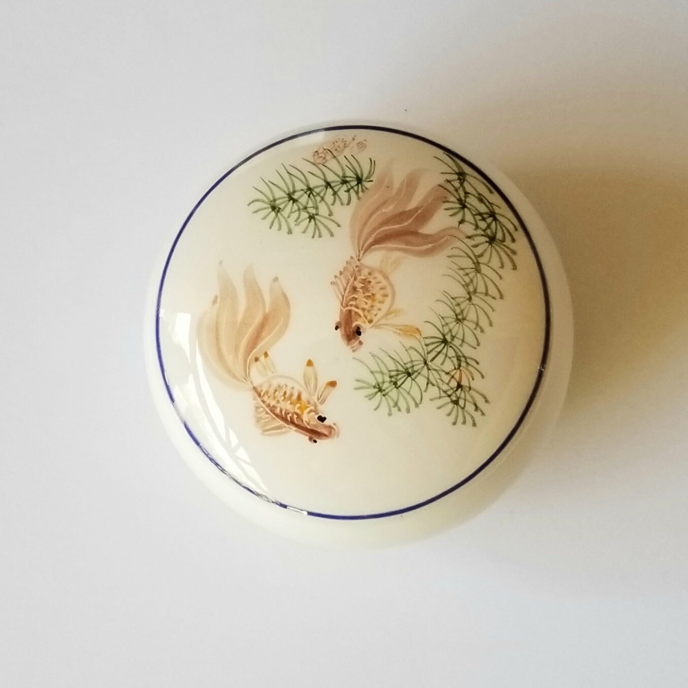 Koi Fish Porcelain Lidded Dresser Box, Modern Design Trinket Box, Cream ...