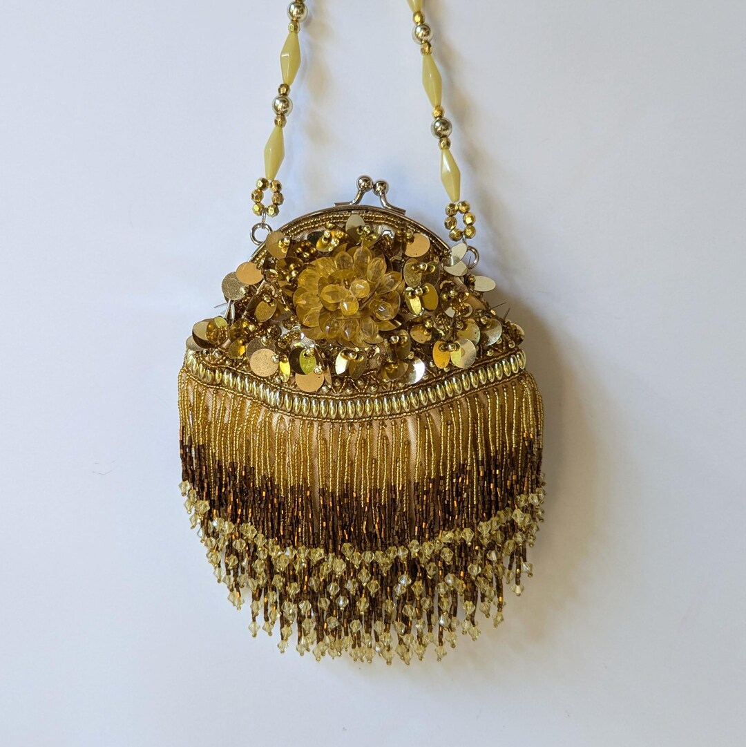 Vintage Beaded Evening Bag, Gold Beaded Purse, Gold Satin Lined Beaded ...