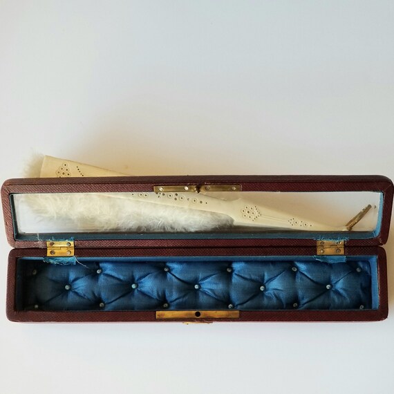 Rare Hand Fan, Embroidered Feather Fan w/ Leather and… - Gem