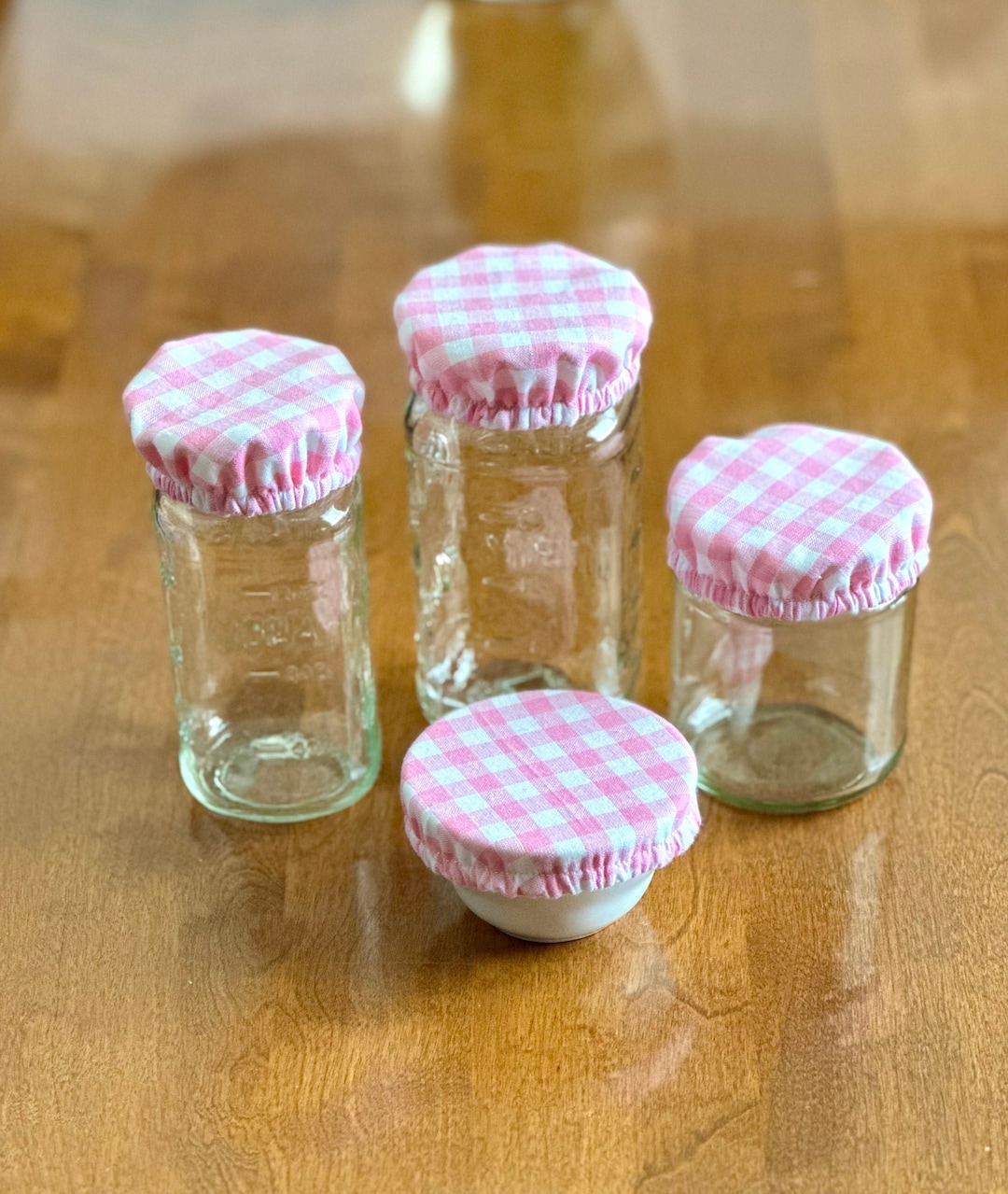 Pink Gingham Mason Jar Cover, Reversible Rustic Jar Cover, Sourdough ...