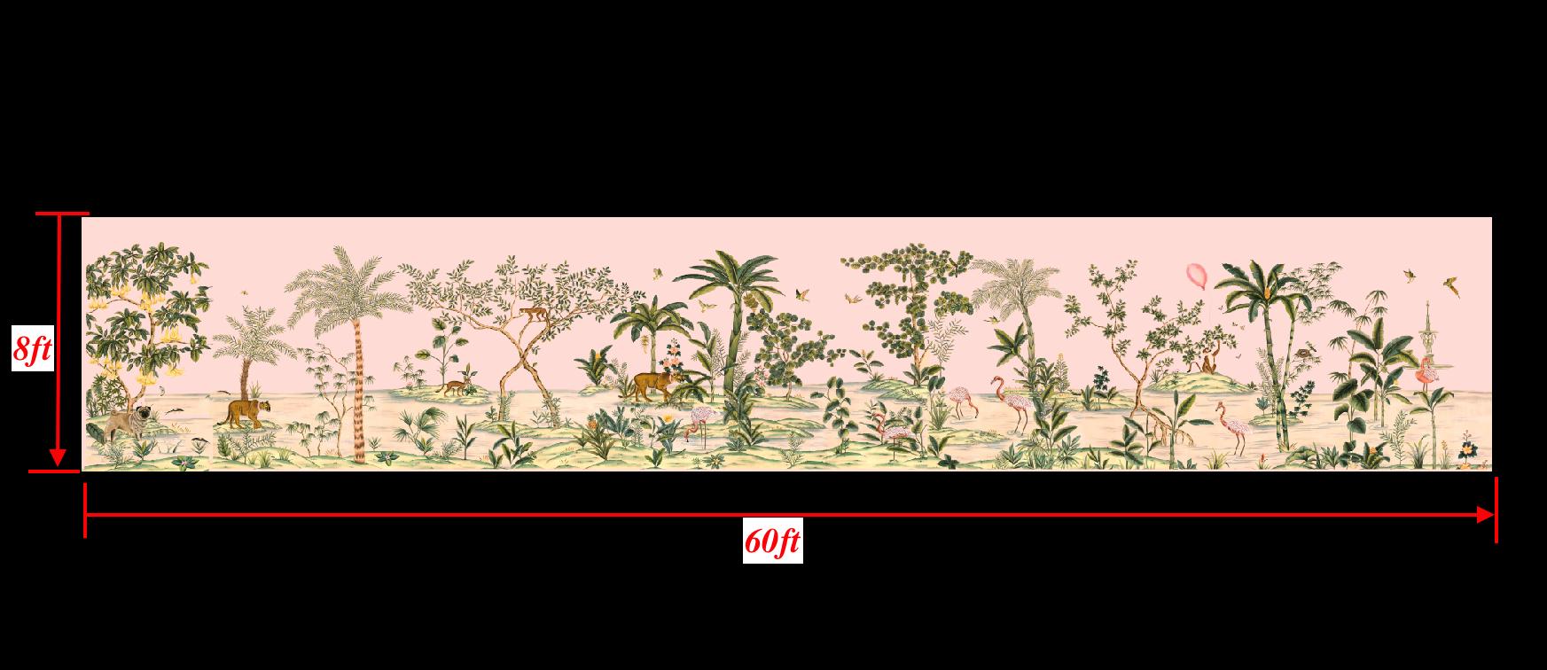 Jungle Scene Wallpaper on Pink Background With Flamingos, Monkeys and ...