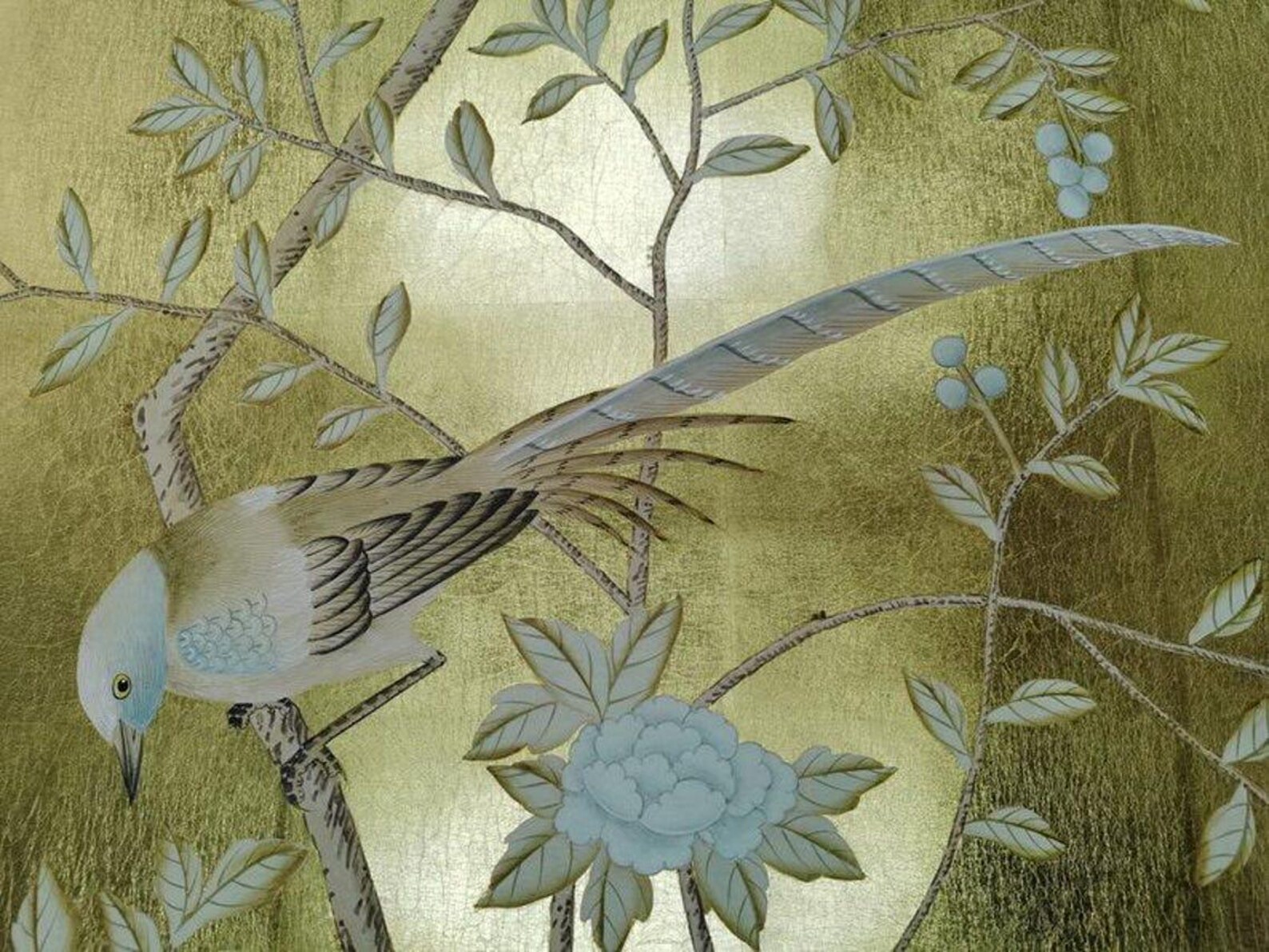 30"*60", Hand-painted Chinoiserie Birds and Flowers Wallpaper, Gold ...