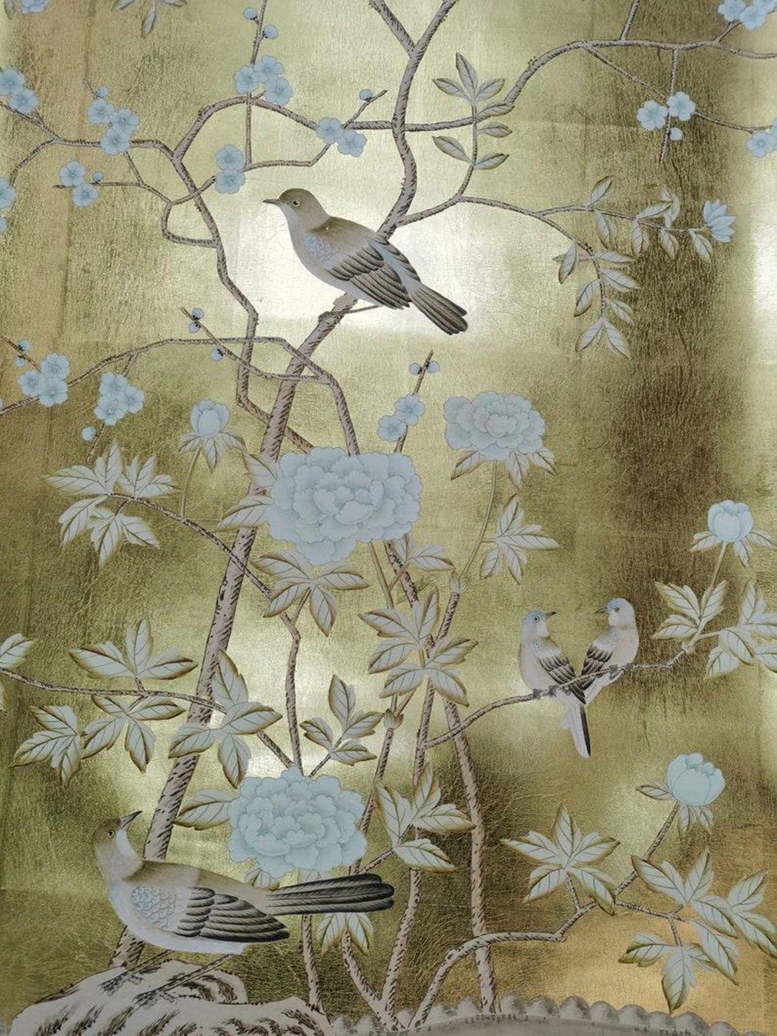 30"*60", Hand-painted Chinoiserie Birds and Flowers Wallpaper, Gold ...