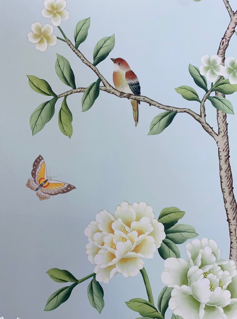 24" *48", Triptych Chinoiserie Panels, Birds and Flowers, Baby Blue ...