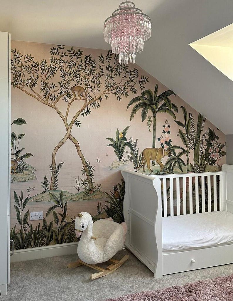 Jungle Scene Wallpaper on Pink Background With Flamingos, Monkeys and ...