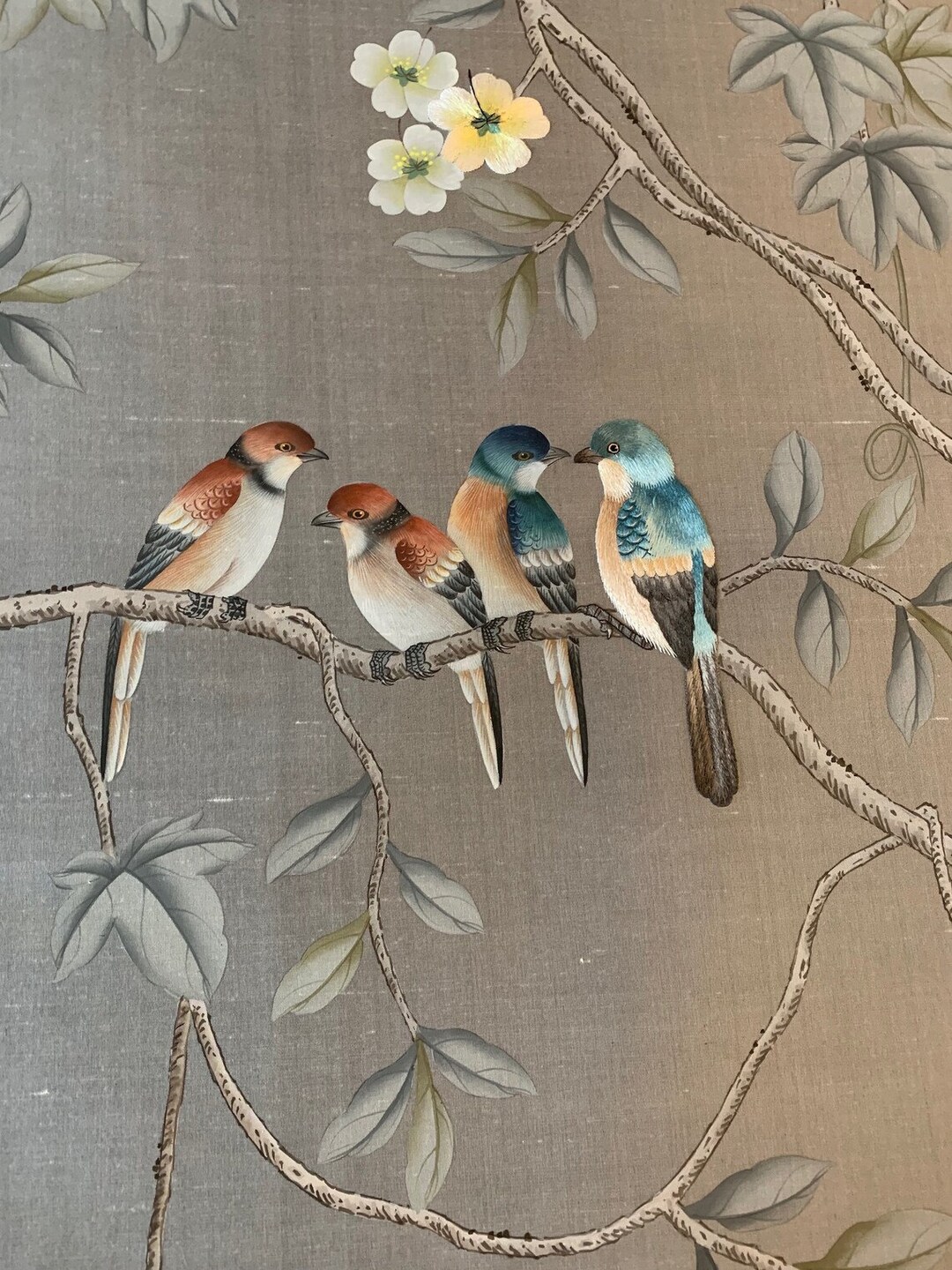 Vine, Hand-painted Silk Wallpaper, Custom Size Available, Beige Silk ...