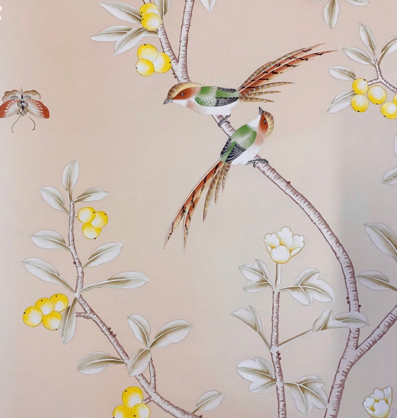 Hand-painted Chinoiserie Floral Panels: Pink Birds, Silk Wallpaper ...