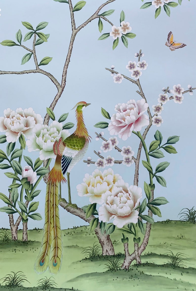 24" *48", Triptych Chinoiserie Panels, Birds and Flowers, Baby Blue ...