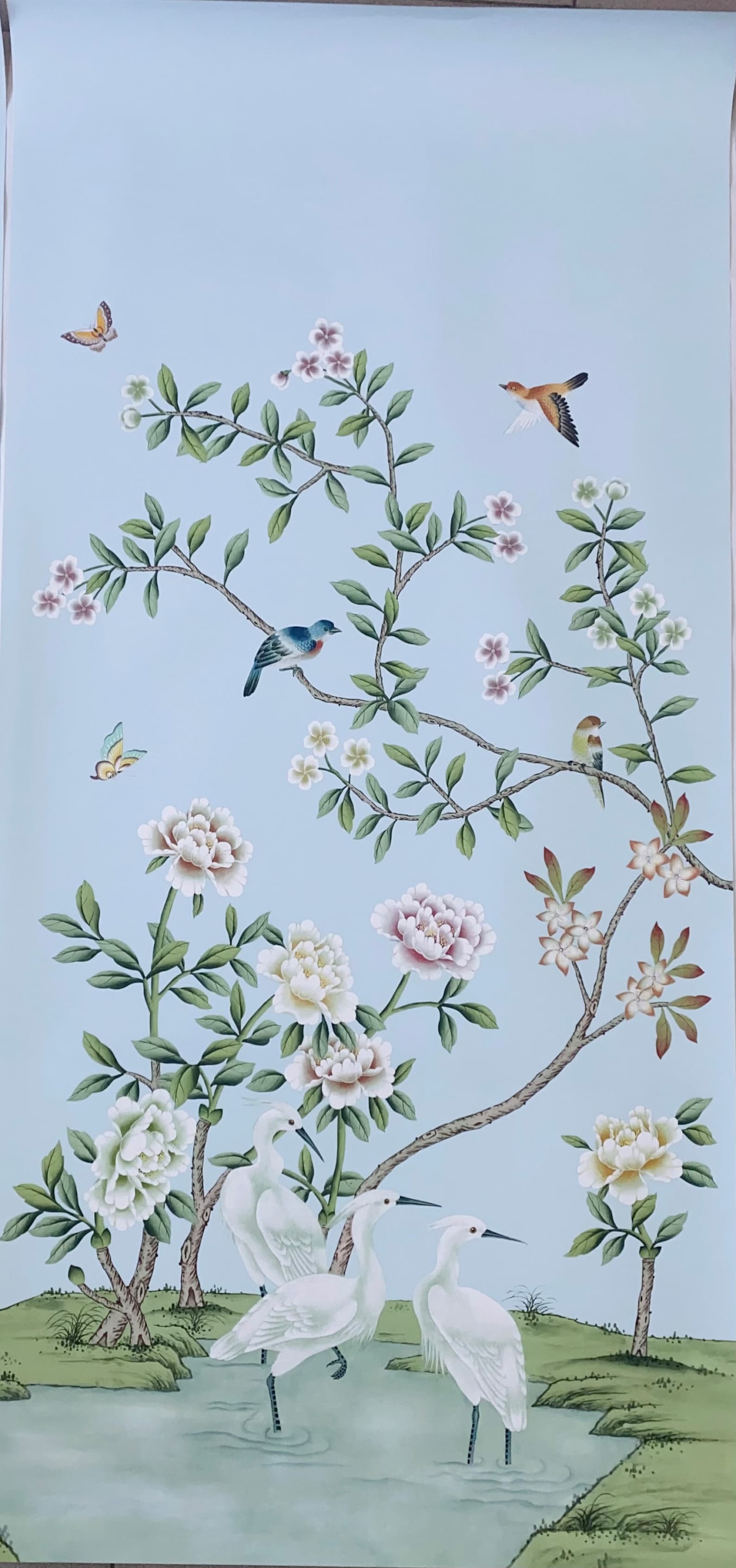 24" *48", Triptych Chinoiserie Panels, Birds and Flowers, Baby Blue ...