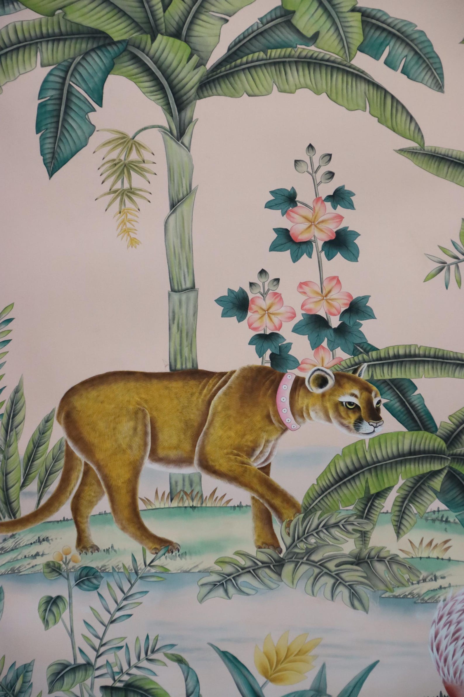 Jungle Scene Wallpaper on Pink Background With Flamingos, Monkeys and ...