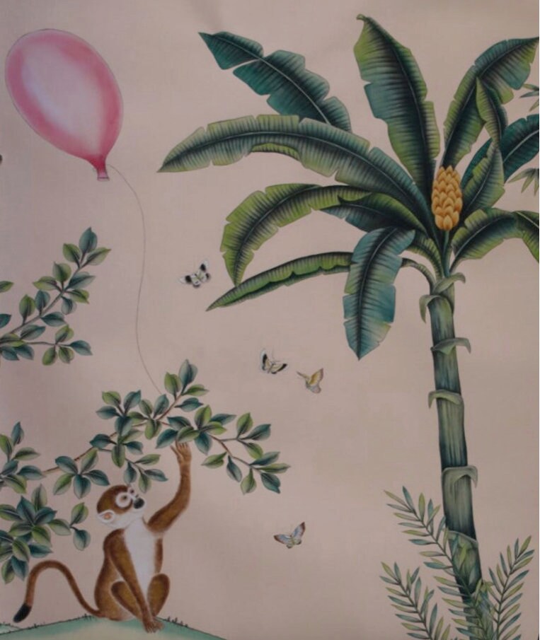 Jungle Scene Wallpaper on Pink Background With Flamingos, Monkeys and ...