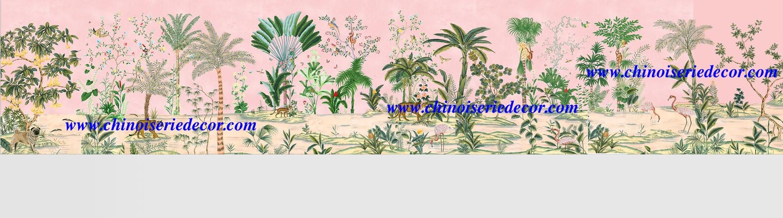 Jungle Scene Wallpaper on Pink Background With Flamingos, Monkeys and ...