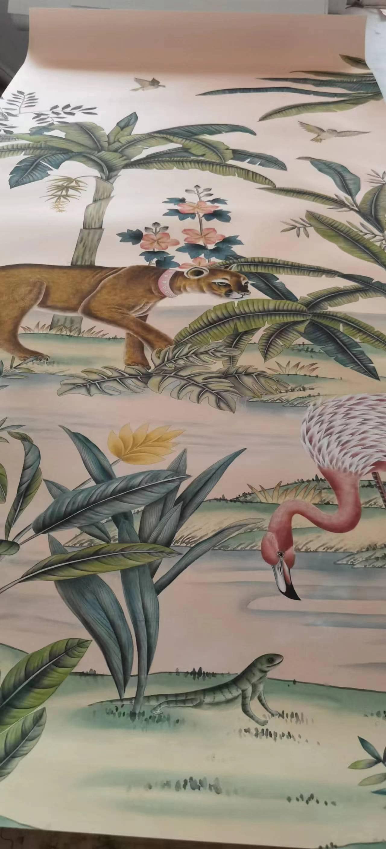 Jungle Scene Wallpaper on Pink Background With Flamingos, Monkeys and ...