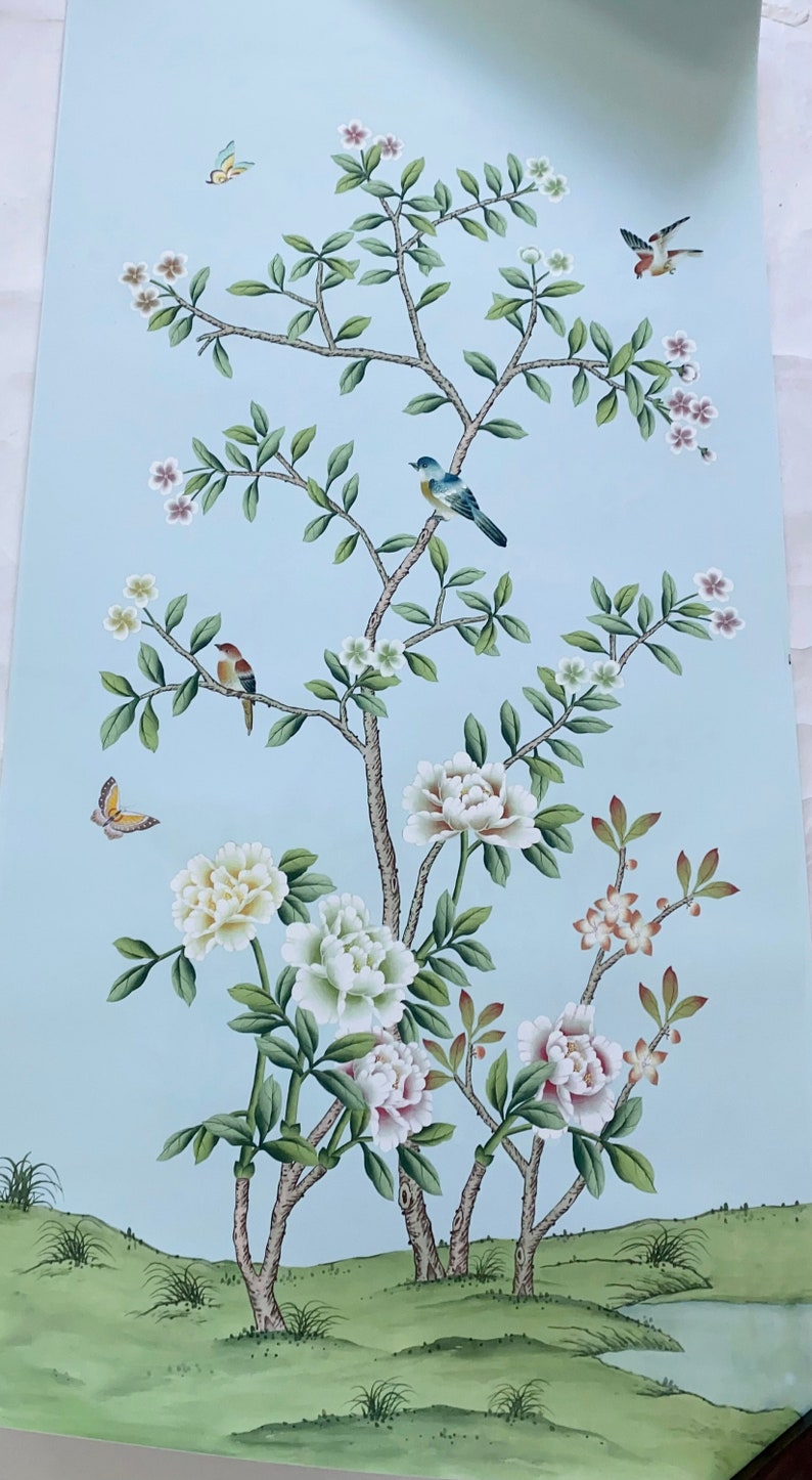 24" *48", Triptych Chinoiserie Panels, Birds and Flowers, Baby Blue ...