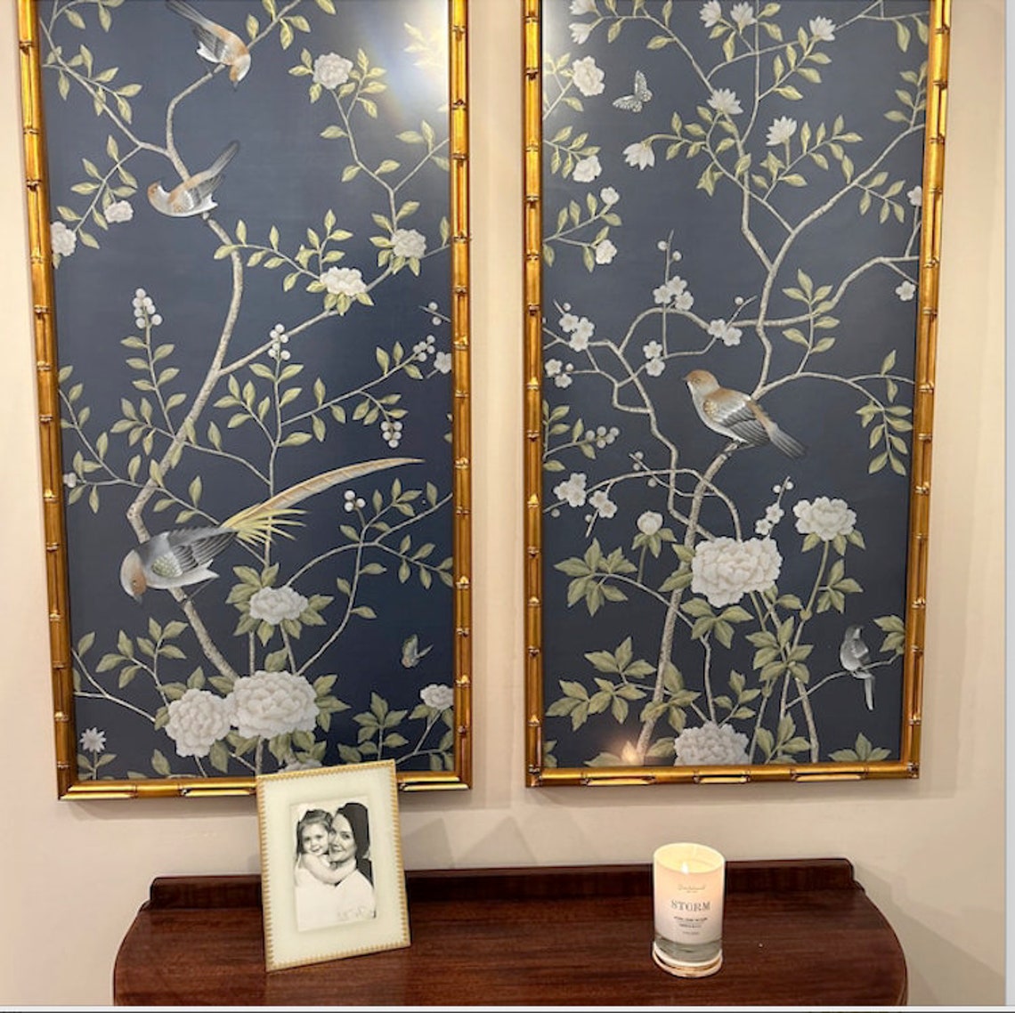 Arte mural de papel chinoiserie de 61 x 135 cm: paneles azul marino ...