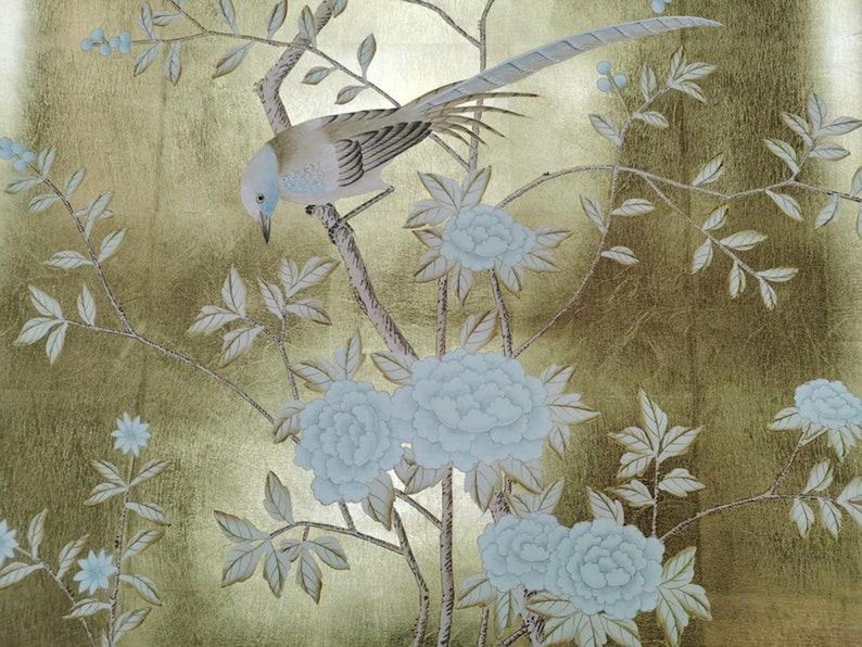 30"*60", Hand-painted Chinoiserie Birds and Flowers Wallpaper, Gold ...
