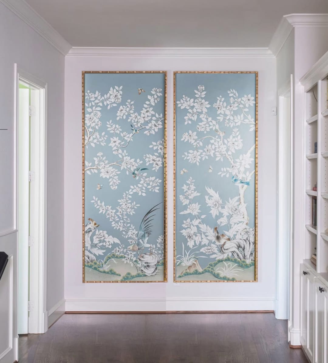 French Blue Hand-painted Chinoiserie Silk Wallpaper, Wall Art, French ...