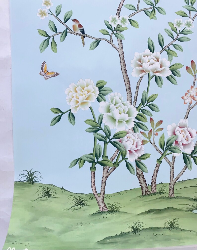 24" *48", Triptych Chinoiserie Panels, Birds and Flowers, Baby Blue ...
