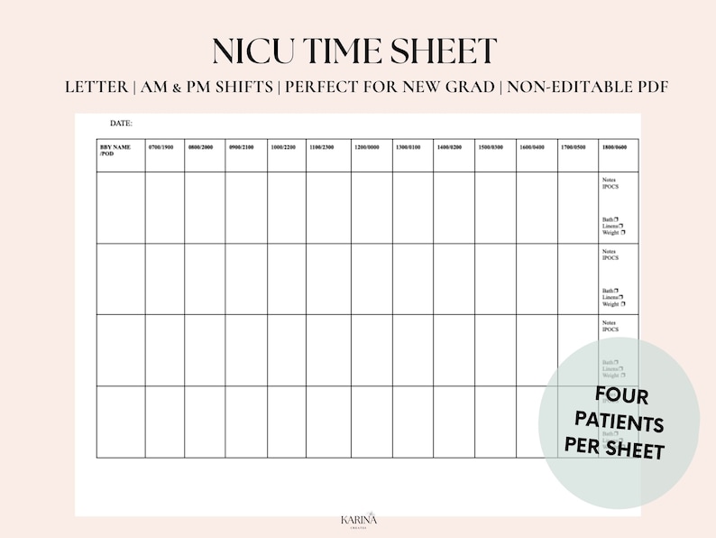 NICU Hourly Time Sheet | Nurse Hourly To-do Planner, Nursing Shift ...