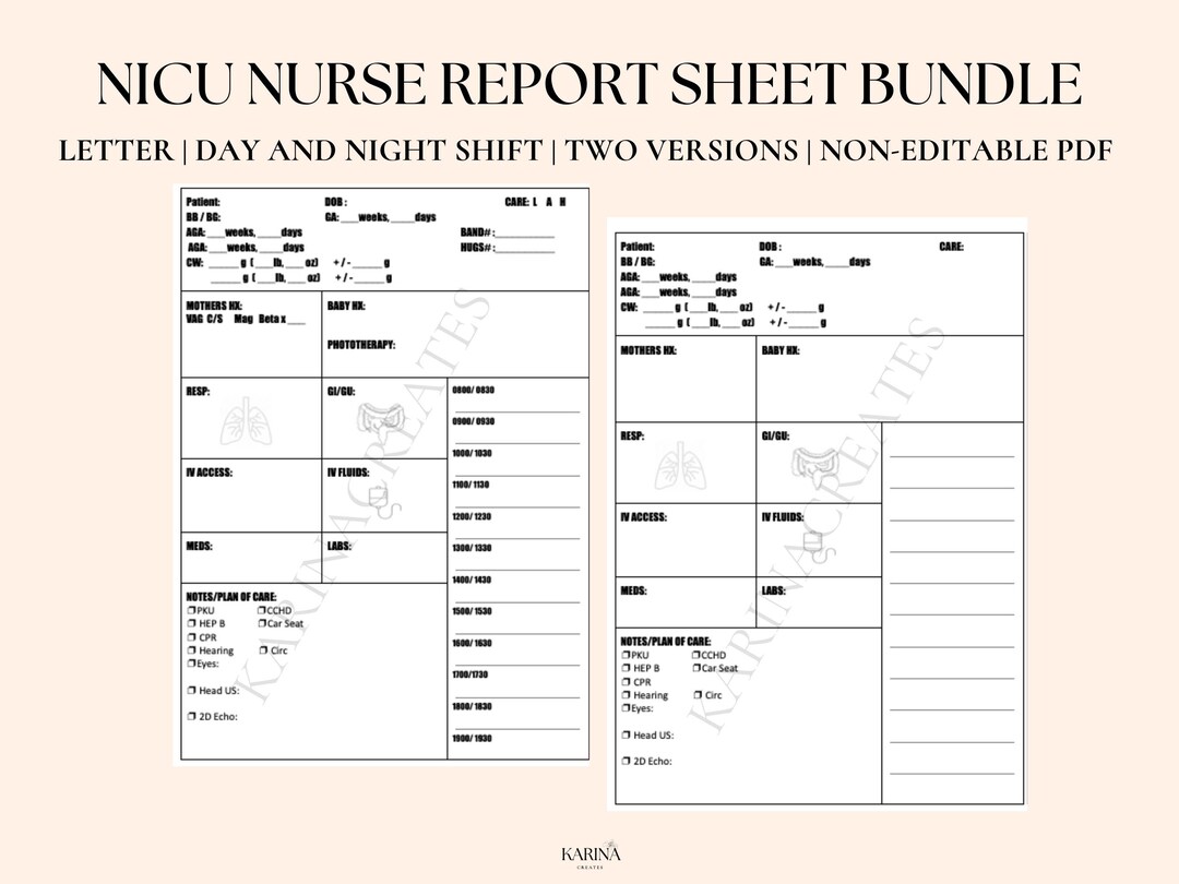 NICU Nurse Report Sheet Bundle | Nursing Brain Sheet, NICU, Nurse ...