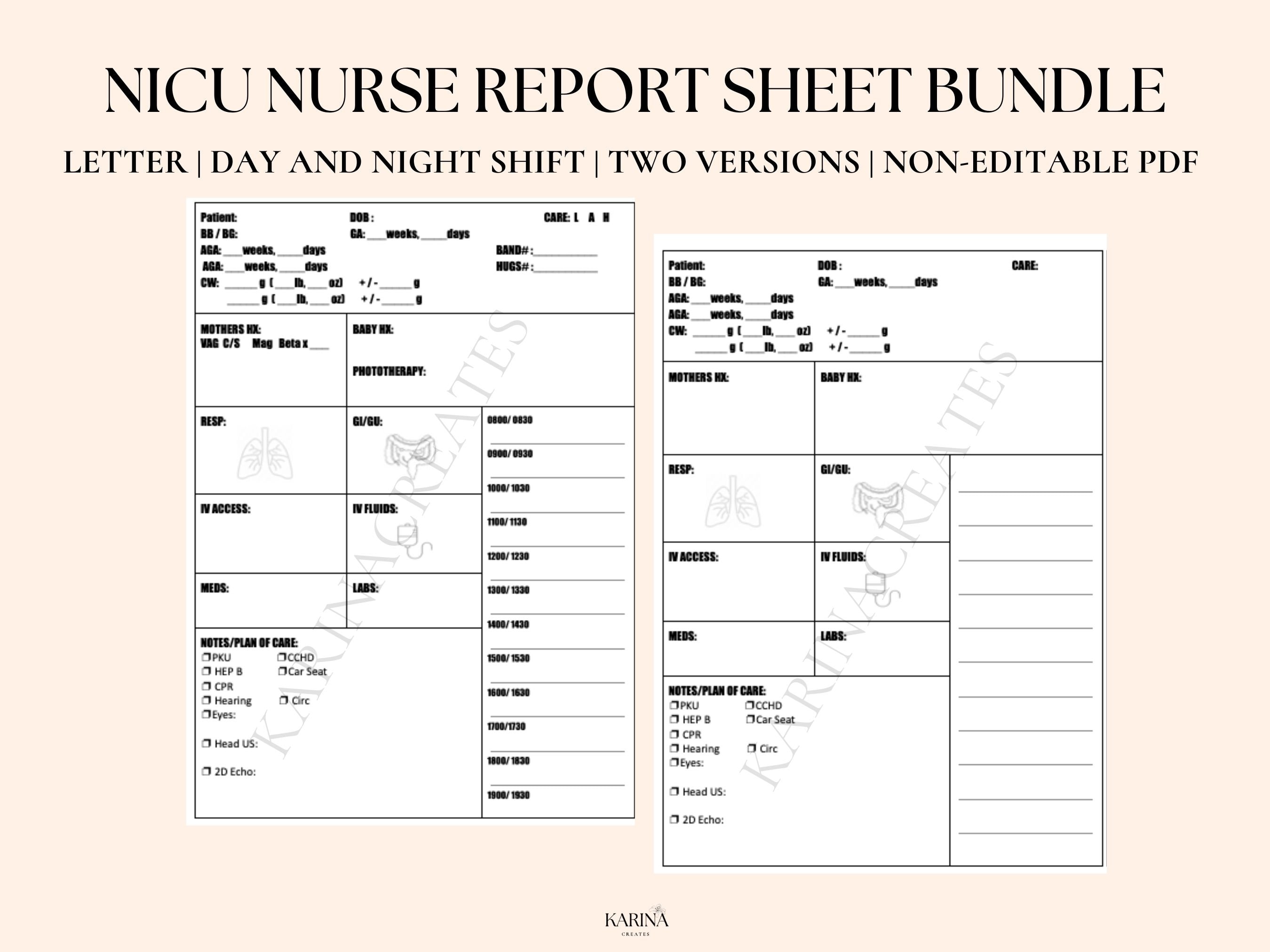 NICU Nurse Report Sheet Bundle | Nursing Brain Sheet, NICU, Nurse ...