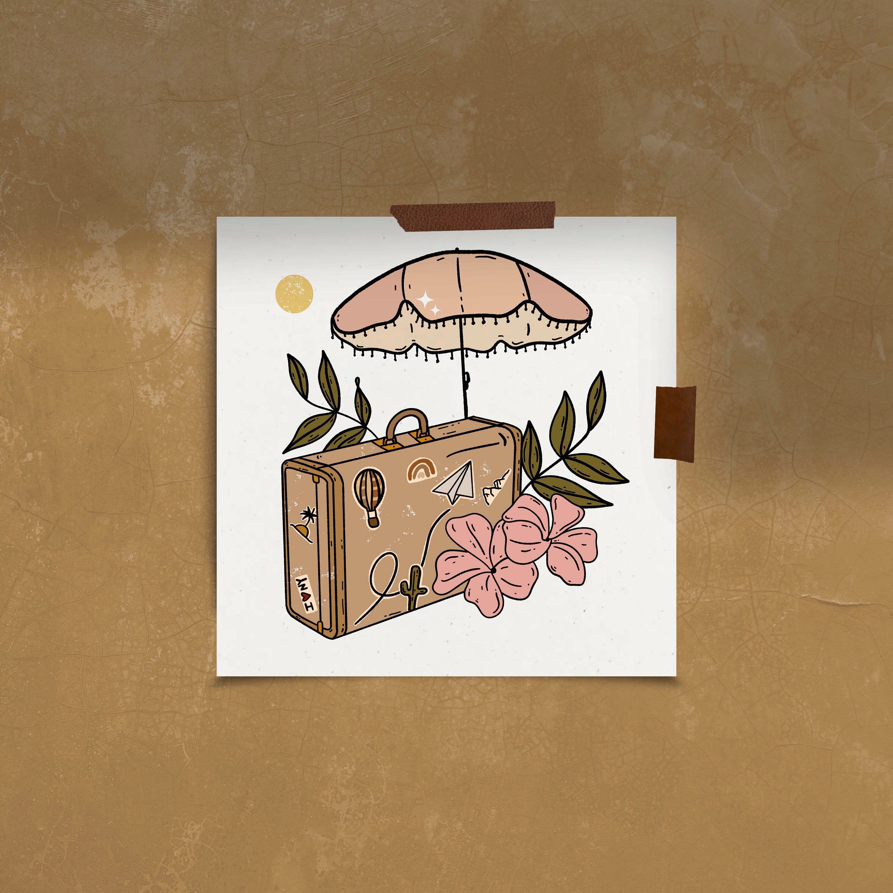 Suitcase Wall Art, Traveler Wall Art, Vintage Suitcase, Beach Umbrella ...