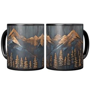 Mountains and Trees Mug, Printed Wood Panel Mountain Coffee Mug, Nature ...