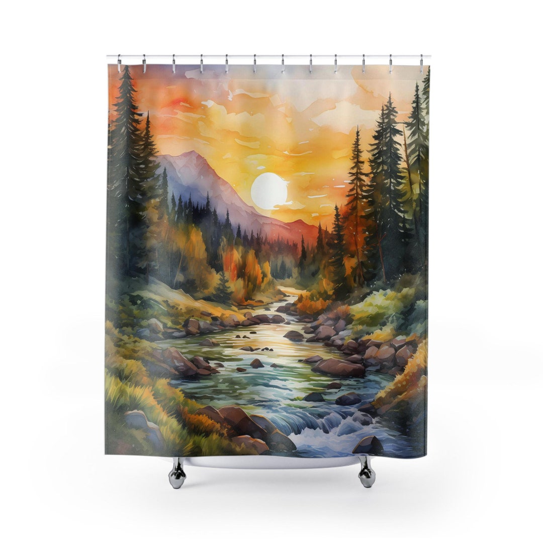 Mountain Sunset Shower Curtain, Forest River Shower Curtain, Nature ...