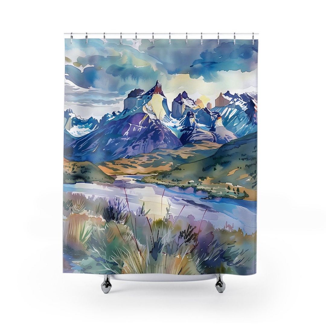 Mountain Shower Curtain, Watercolor-inspired Design of Mountain ...