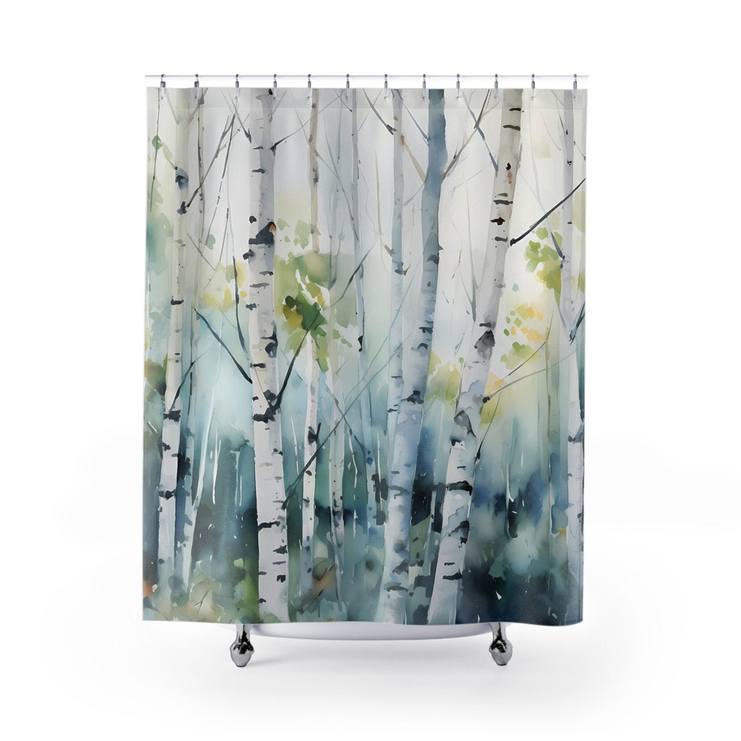 Birch Tree Shower Curtain, Watercolor Mountain Forest Shower Curtain ...