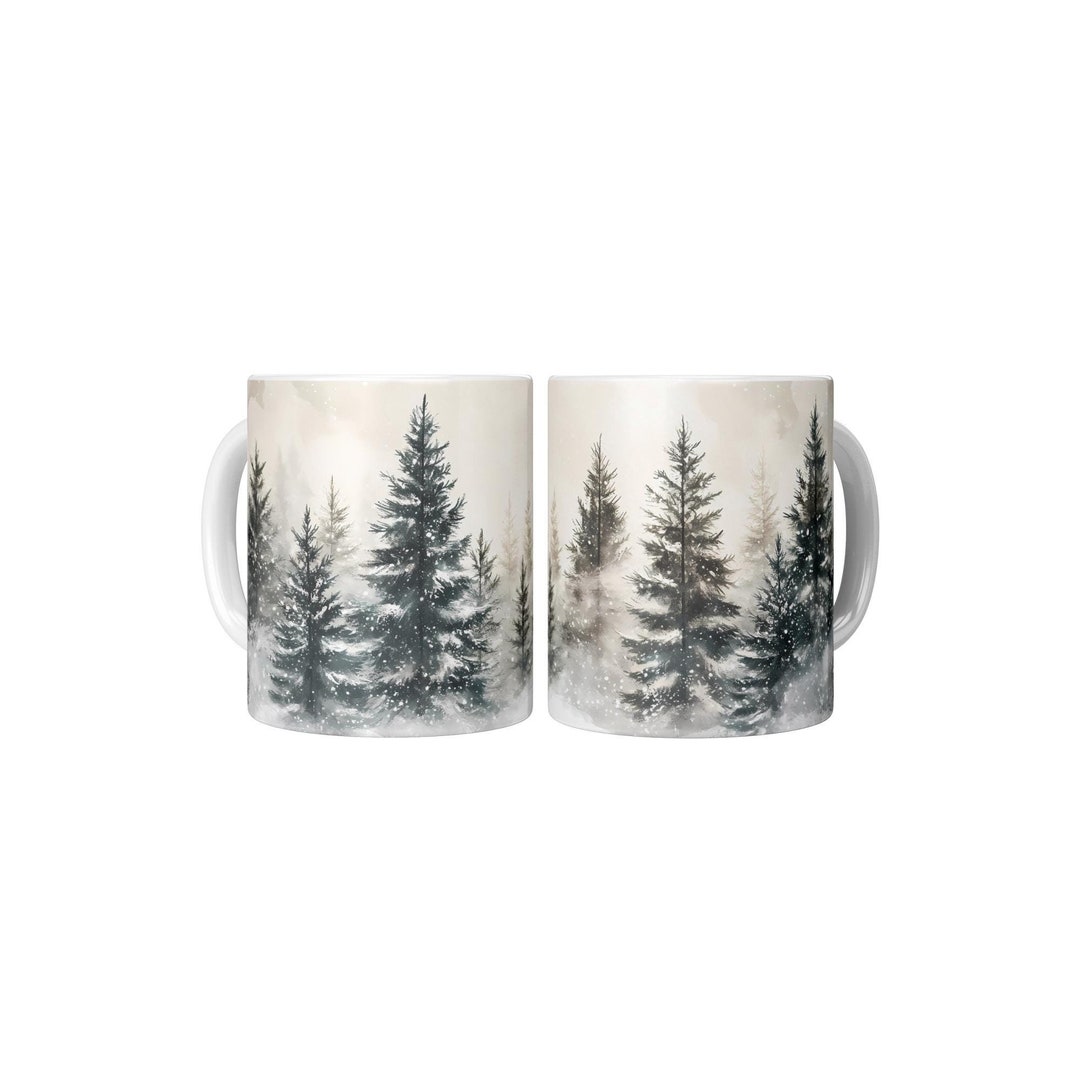 Christmas Tree Mug, Winter Holiday Ceramic Mug, Snowy Winter Pine Tree ...