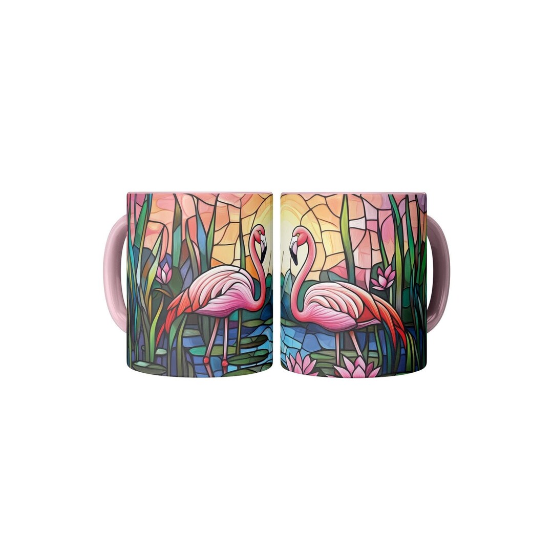Flamingo Coffee Mug, Stained Glass Style Pink Flamingos in Lagoon ...
