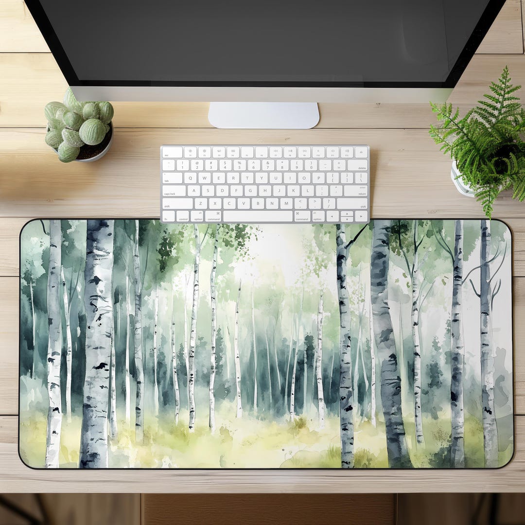 Birch Tree Forest Desk Mat, Large Forest Mouse Pad, Landscape Nature ...