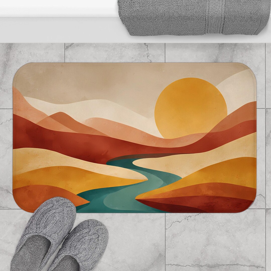 Boho Bath Mat – Bohemian Colorful Mountain Sunset Bathroom Rug ...