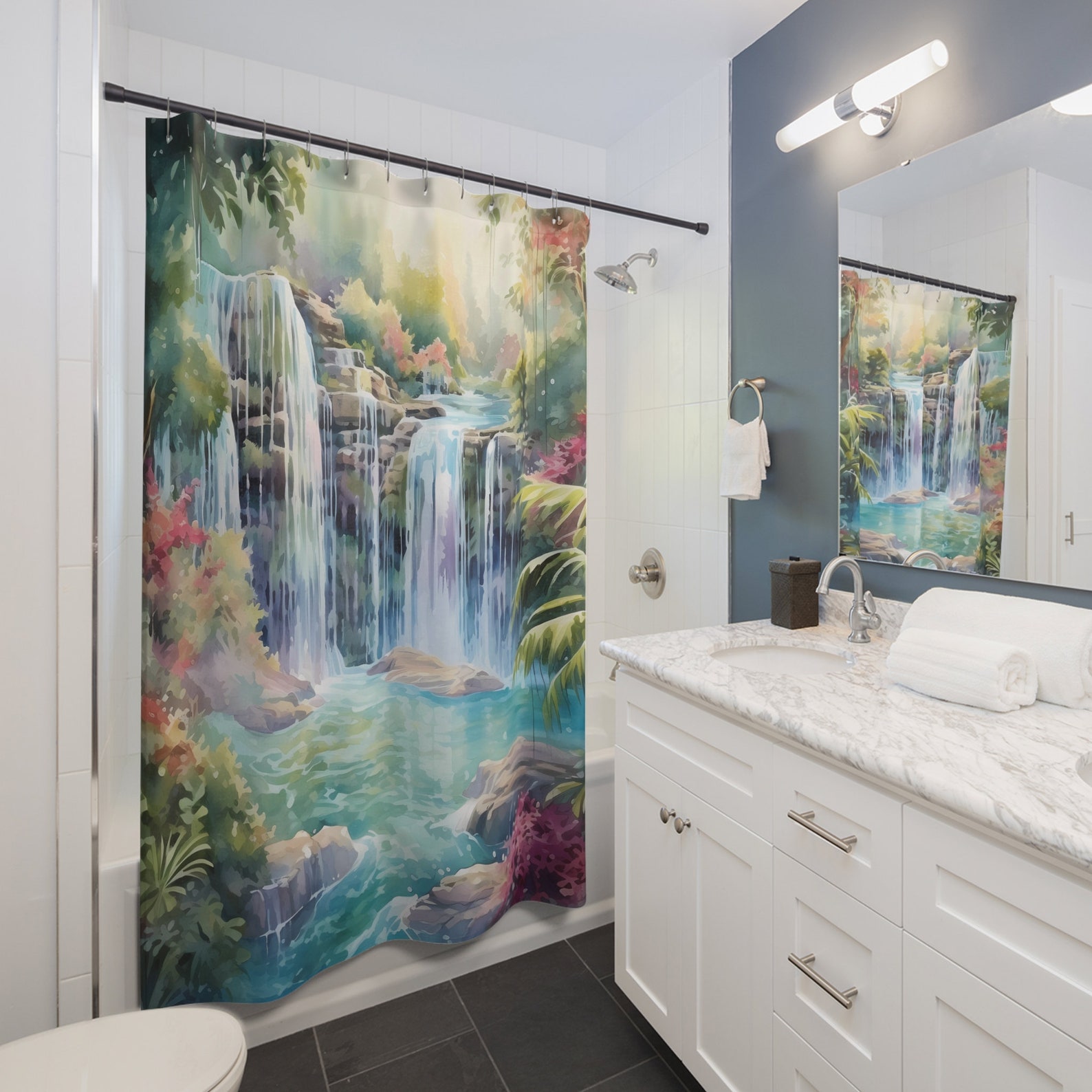 Magical Waterfall Shower Curtain, Nature Scenery Landscape Shower ...