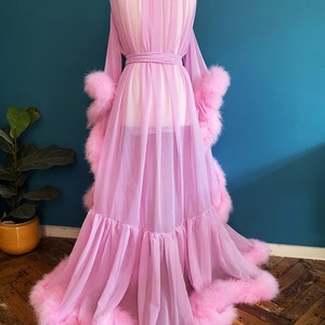 Chiffon Dressing Gown With Marabou Trim in Baby Pink - Etsy