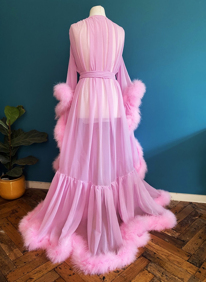 Chiffon Dressing Gown With Marabou Trim in Baby Pink - Etsy