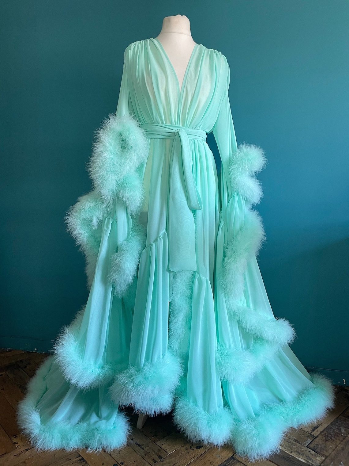 Chiffon Dressing Gown With Marabou Trim in Mint Green - Etsy