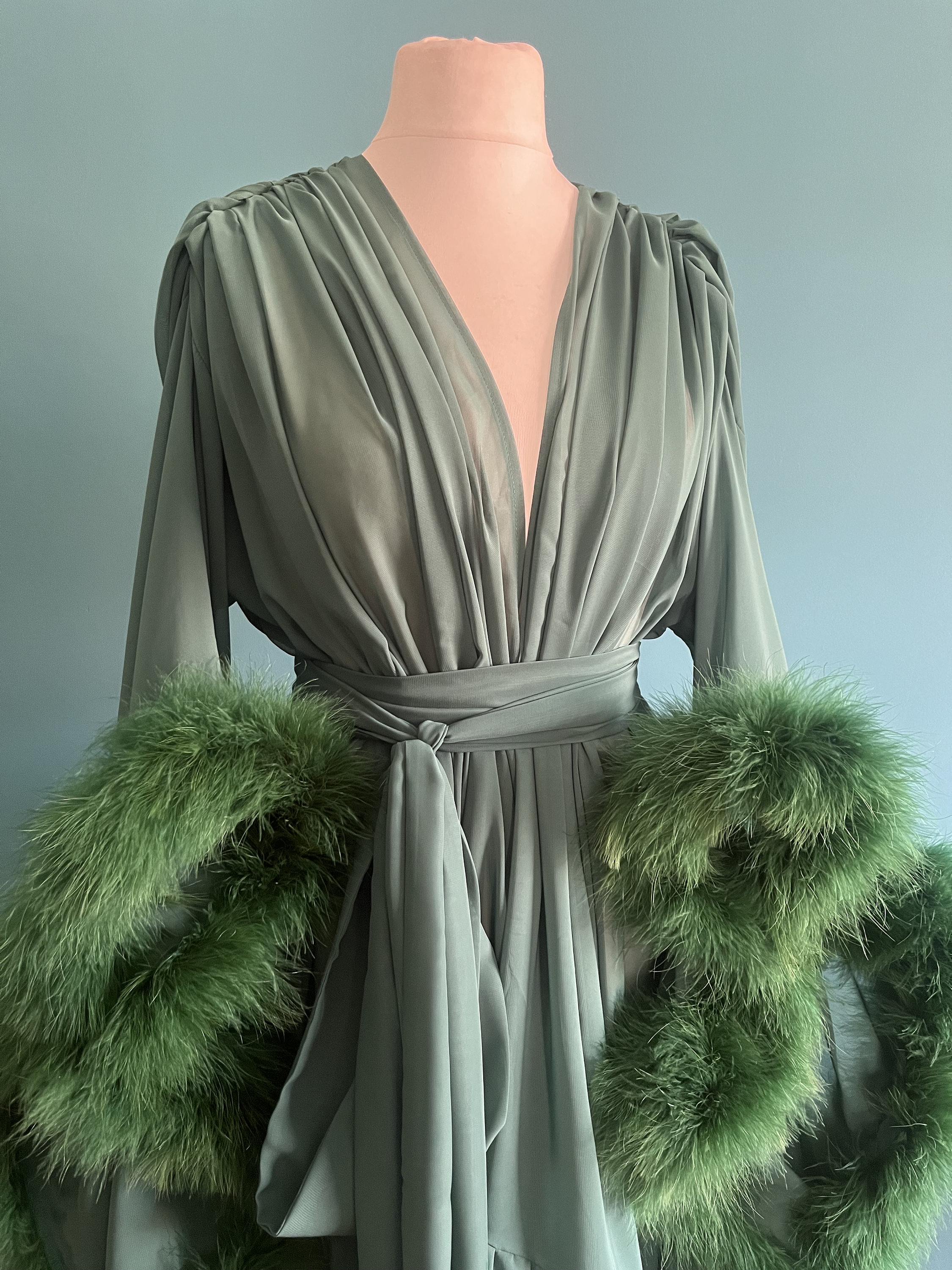 Chiffon Dressing Gown With Marabou Trim in Forest Green - Etsy