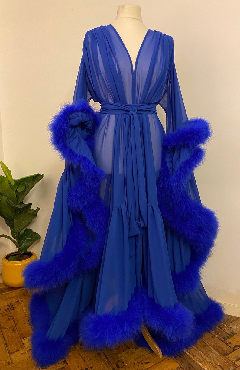 Chiffon Dressing Gown With Marabou Trim in Royal Blue - Etsy