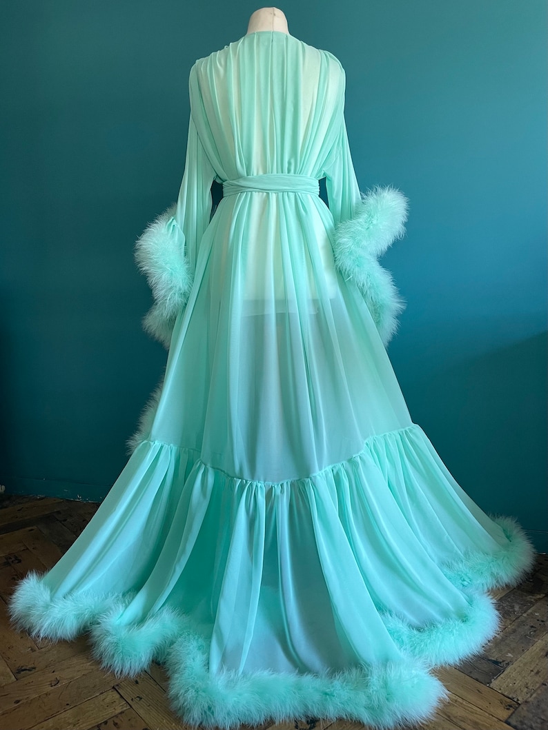 Chiffon Dressing Gown With Marabou Trim in Mint Green - Etsy
