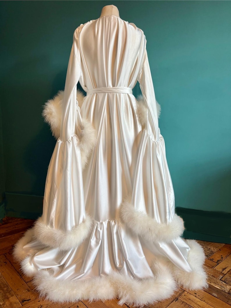 Silk/poly Satin Dressing Gown With Marabou Feather Trim in Ivory - Etsy