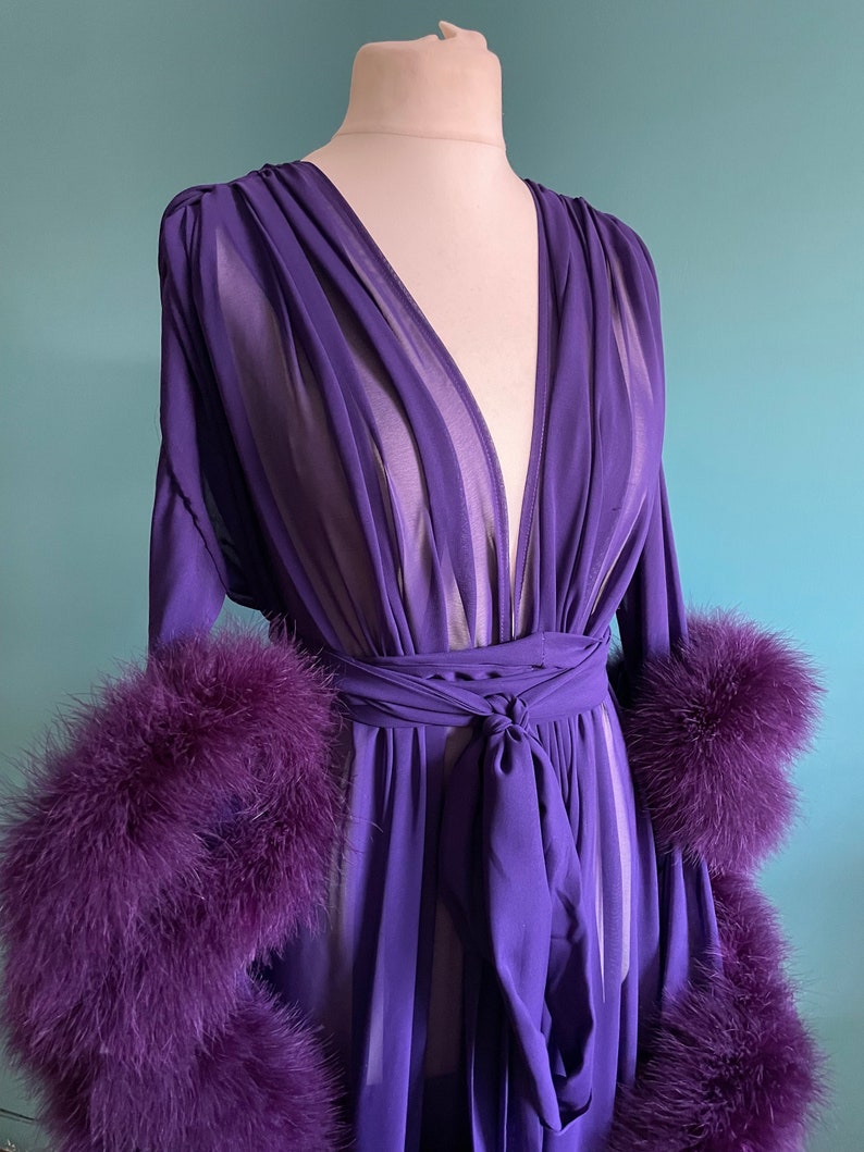 Chiffon Dressing Gown With Marabou Trim in Aubergine - Etsy