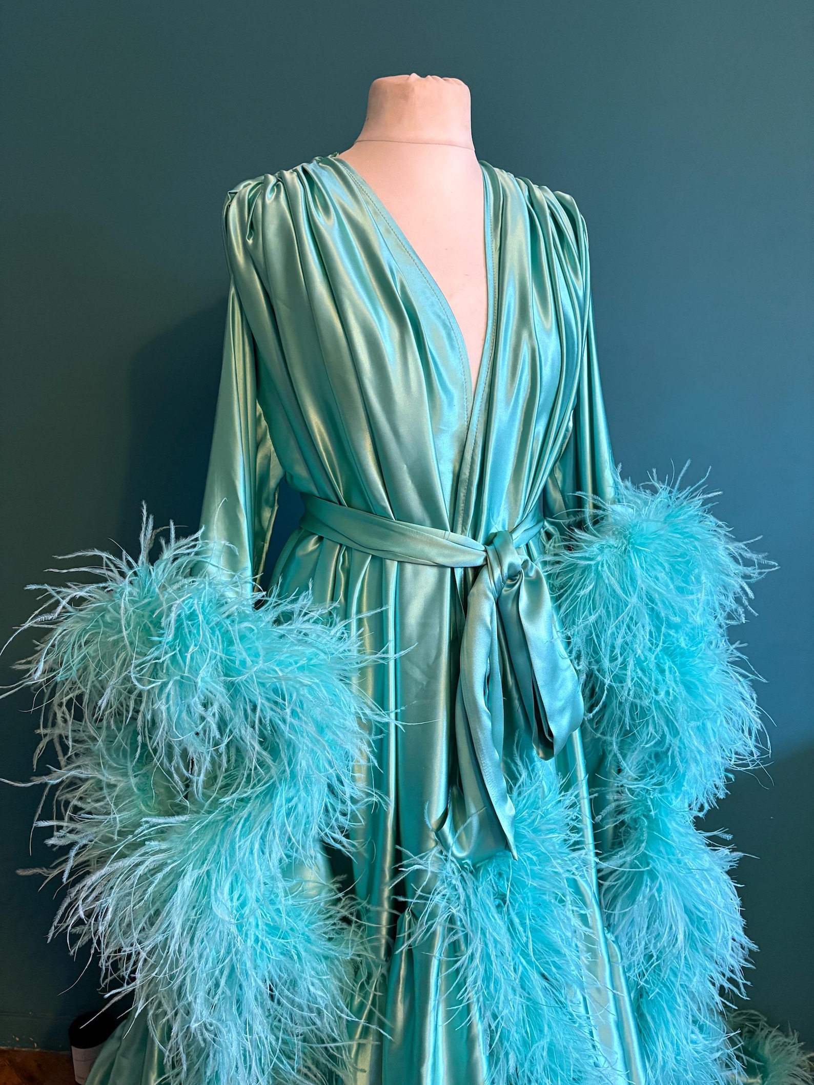 Silk Satin Dressing Gown With Ostrich Feather Trim in Lagoon Breeze - Etsy