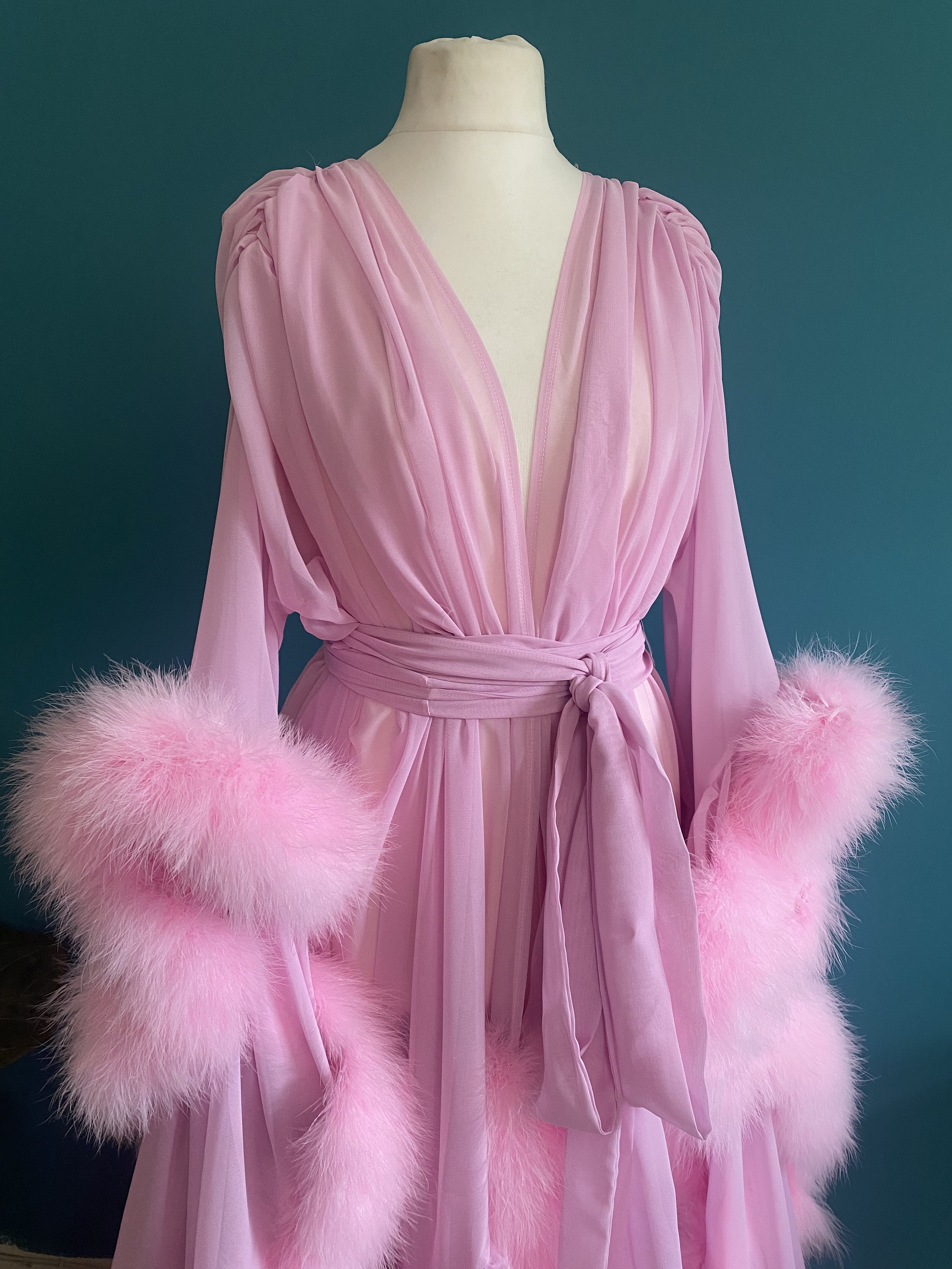 FOLXAtelier Chiffon Dressing Gown with Marabou Trim in Baby Pink