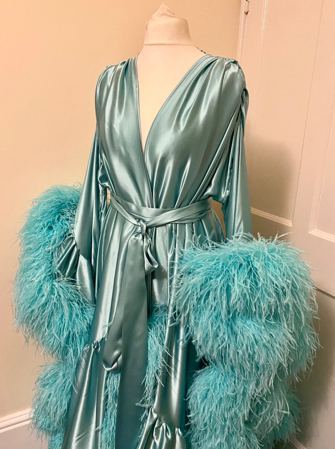 Silk Satin Dressing Gown With Ostrich Feather Trim in Lagoon Breeze - Etsy