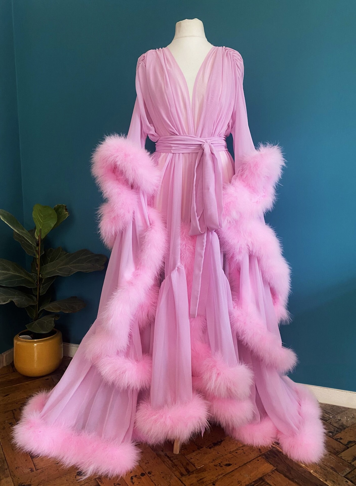 Chiffon Dressing Gown With Marabou Trim in Baby Pink - Etsy