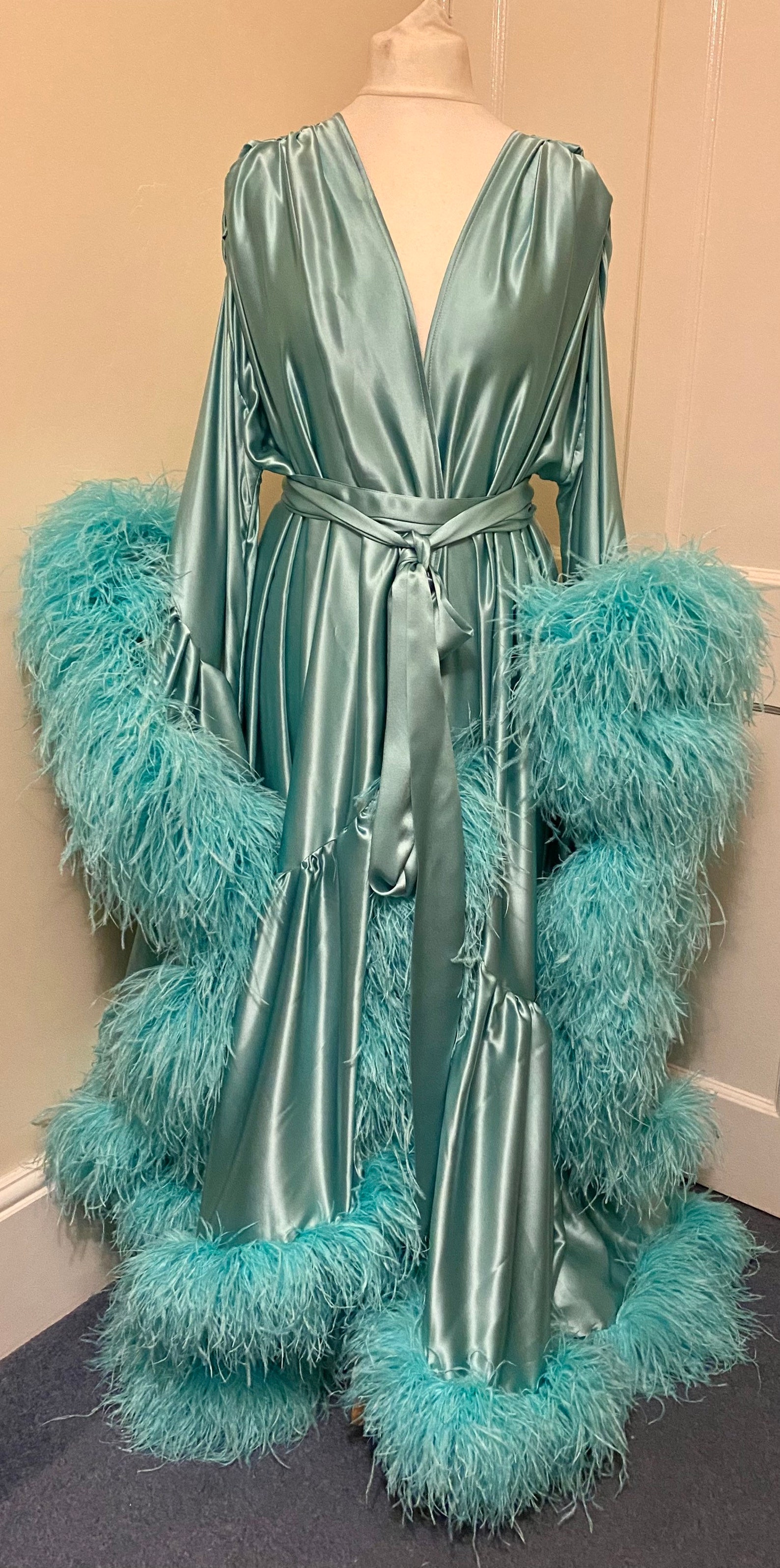 Silk Satin Dressing Gown With Ostrich Feather Trim in Lagoon - Etsy